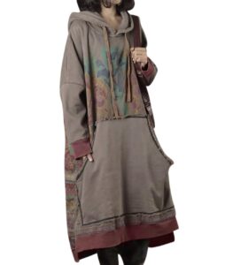 yesno jfd women long casual hooded sweatshirt dress ethnic floral print color block hemline/kangaroo pocket (jfd khaki, one_size)