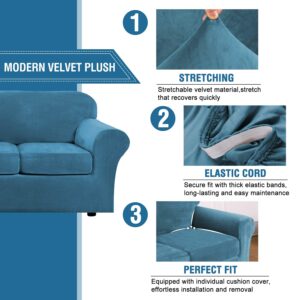 H.VERSAILTEX Modern Velvet Plush 4 Piece High Stretch Sofa Slipcover Sofa Cover Furniture Protector Form Fit Luxury Thick Velvet Sofa Cover for 3 Cushion Couch Width Up to 90 Inch (Sofa,Peacock Blue)