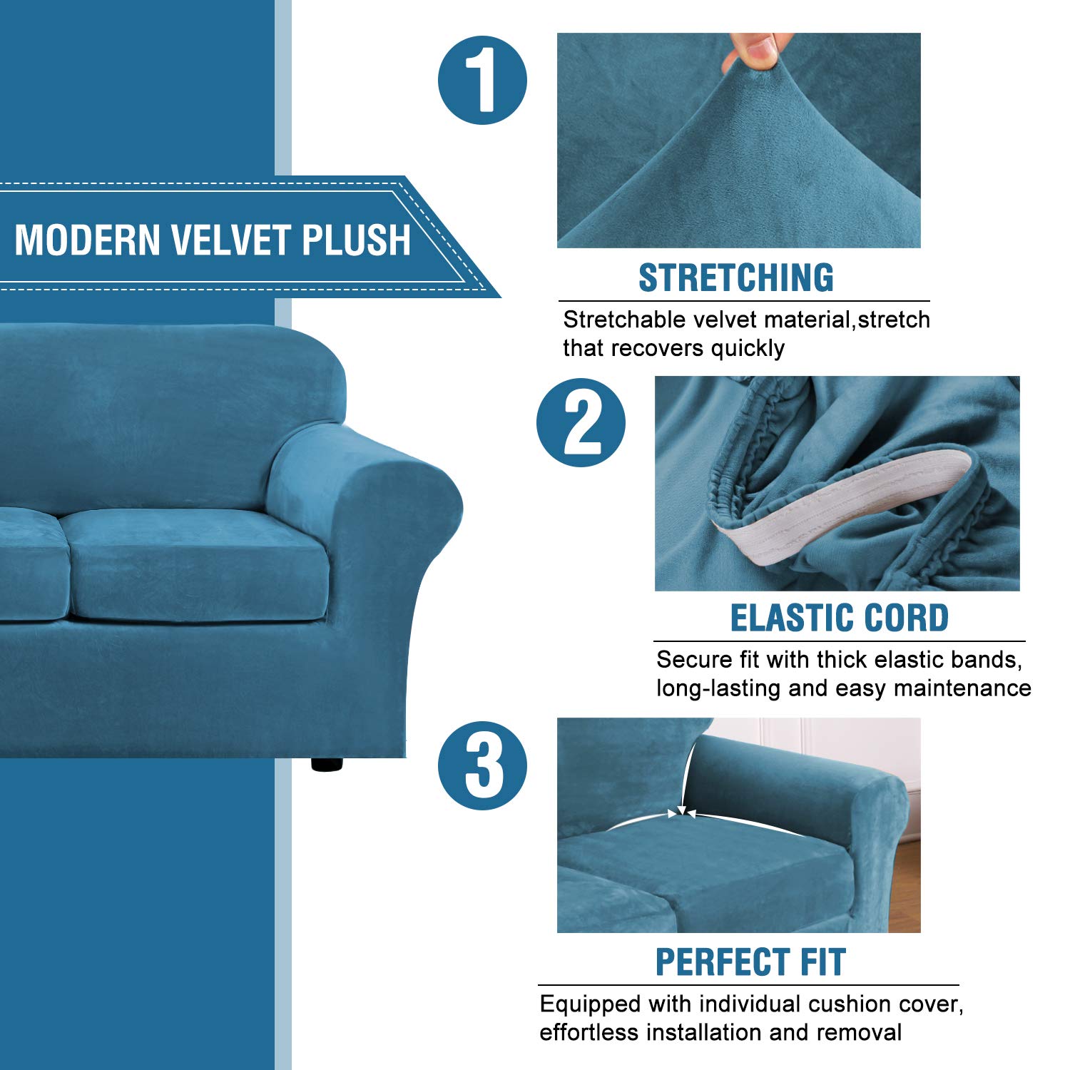 H.VERSAILTEX Modern Velvet Plush 4 Piece High Stretch Sofa Slipcover Sofa Cover Furniture Protector Form Fit Luxury Thick Velvet Sofa Cover for 3 Cushion Couch Width Up to 90 Inch (Sofa,Peacock Blue)