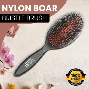 Since 1869 Hand Made In Germany - Nylon Boar Bristle Brush Suitable For Normal to Thick Hair - Gently Detangles, No Pulling or Split Ends - Softens and Improves Texture, Stimulates Scalp (Medium)