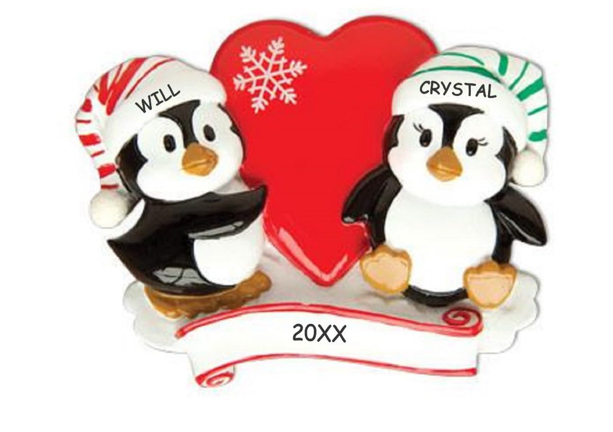 Personalized Penguin Couples Christmas Ornament (Red Snowflake)