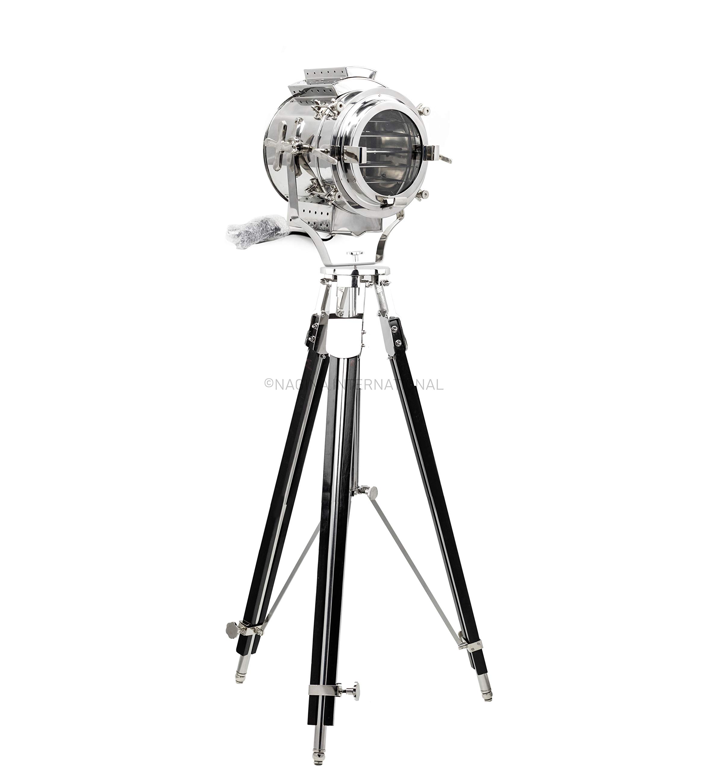 Nagina International Nautical Retro Classic Theater Collectible Steel Tripod Searchlight Lamp | Movie Props Authentic Nautical Floor Lamp Light with Heavy Large | Living Room Spot Light Lamp