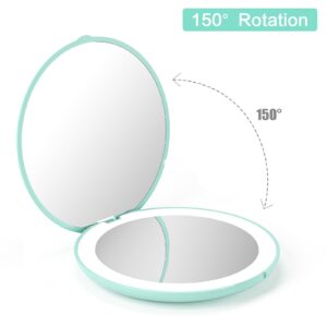 wobsion LED Lighted Travel Makeup Mirror, 1x/10x Magnification, Compact, Portable for Handbag, Purse, Pocket, 3.5 inch Illuminated, Folding, Handheld, 2-Sided , Round, Cyan