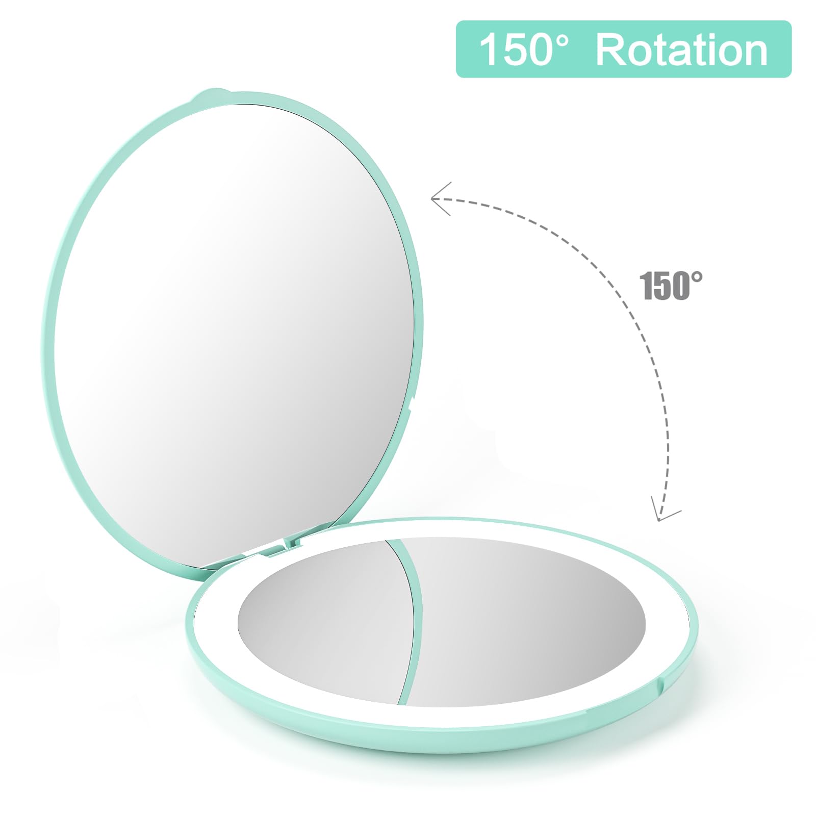 wobsion LED Lighted Travel Makeup Mirror, 1x/10x Magnification, Compact, Portable for Handbag, Purse, Pocket, 3.5 inch Illuminated, Folding, Handheld, 2-Sided , Round, Cyan