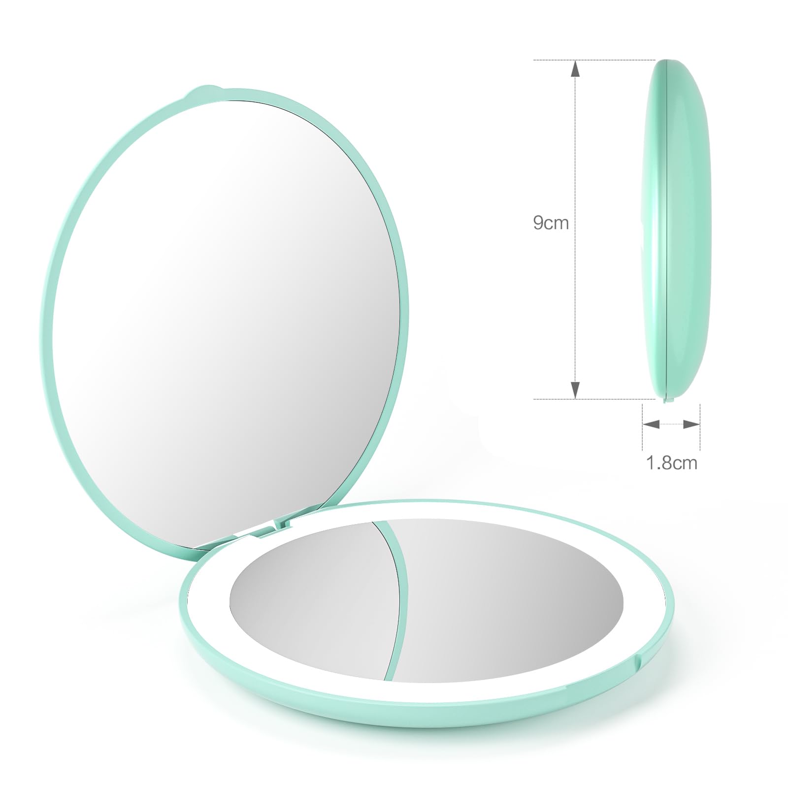 wobsion LED Lighted Travel Makeup Mirror, 1x/10x Magnification, Compact, Portable for Handbag, Purse, Pocket, 3.5 inch Illuminated, Folding, Handheld, 2-Sided , Round, Cyan