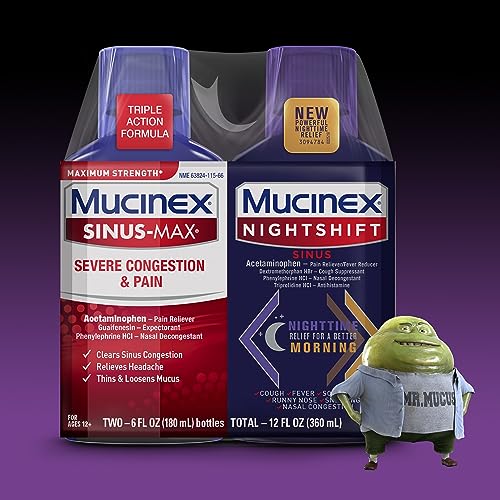 Mucinex Maximum Strength Sinus-Max Severe Congestion & Pain & Nightshift Sinus Liquid, 6 Fl Oz (Pack of 2)