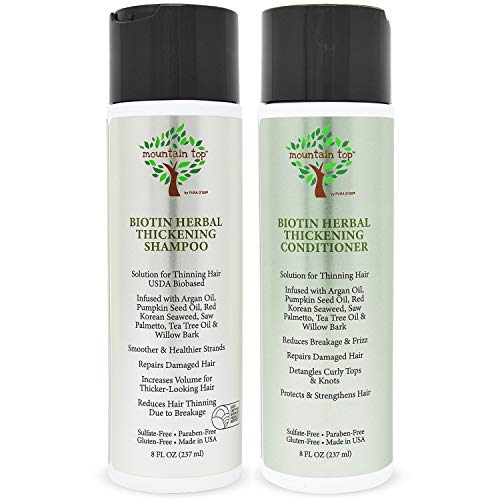 MOUNTAIN TOP Biotin Herbal Thickening Shampoo & Conditioner Set (2 x 8oz) with Argan Oil, Pumpkin Seed Oil, Red Korean Seaweed, Saw Palmetto, Tea Tree Oil & Willow Bark, Sulfate Free, All Hair Types