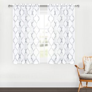 DWCN Embroidered Sheer Curtains - Faux Linen Moroccan Trellis Semi Voile Drapes Rod Pocket Window Curtains for Bedroom and Living Room, Set of 2 52 x 45 Inch Length, White & Grey