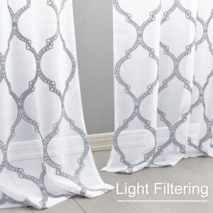 DWCN Embroidered Sheer Curtains - Faux Linen Moroccan Trellis Semi Voile Drapes Rod Pocket Window Curtains for Bedroom and Living Room, Set of 2 52 x 45 Inch Length, White & Grey