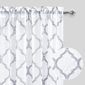 DWCN Embroidered Sheer Curtains - Faux Linen Moroccan Trellis Semi Voile Drapes Rod Pocket Window Curtains for Bedroom and Living Room, Set of 2 52 x 45 Inch Length, White & Grey