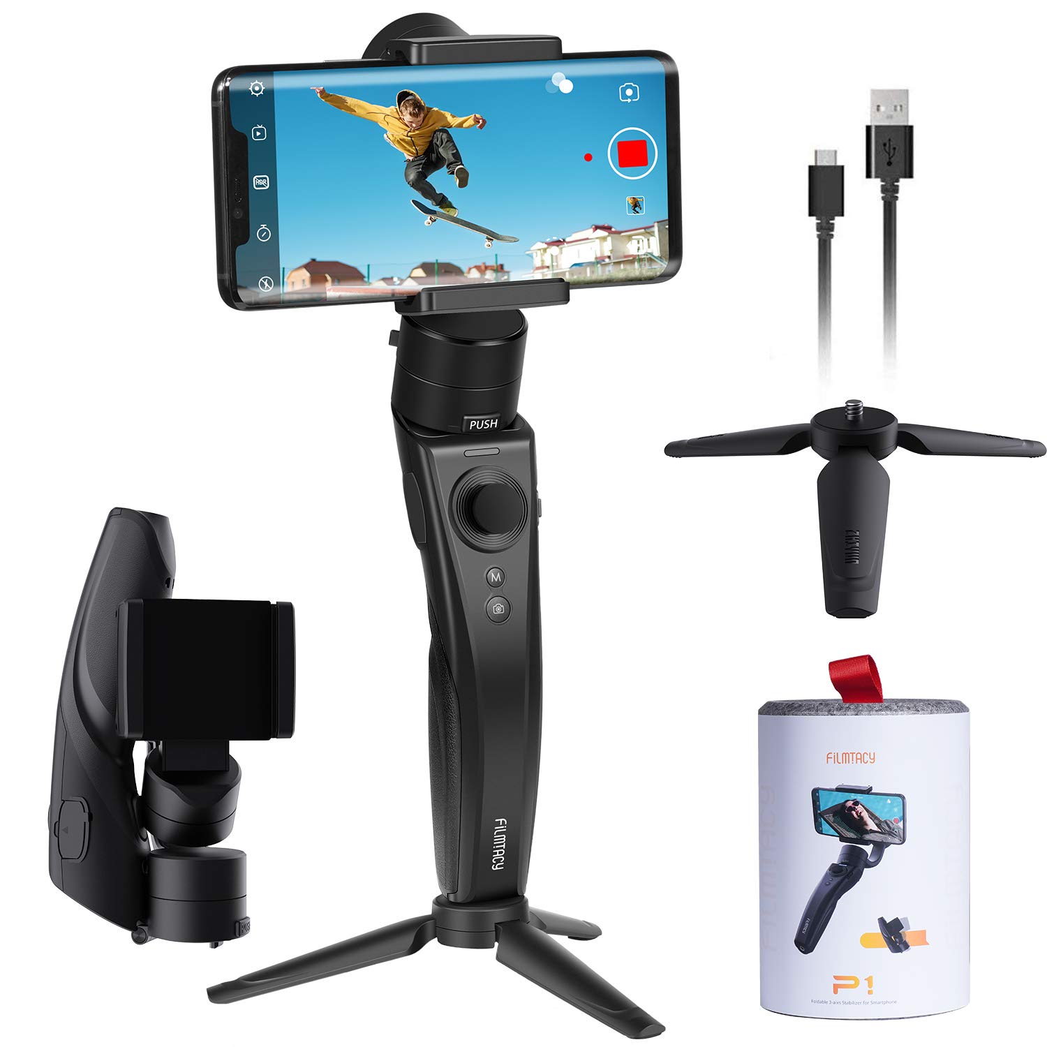 Filmtacy Handheld Gimbal, Gimbal stabilizer with Tripod for iPhone 11/11pro/11pro max/Xs/Xs Max/Xr/X, for Android, Samsung, Lightweight Extended and Foldable, for Vlog YouTube Live Video TikTok