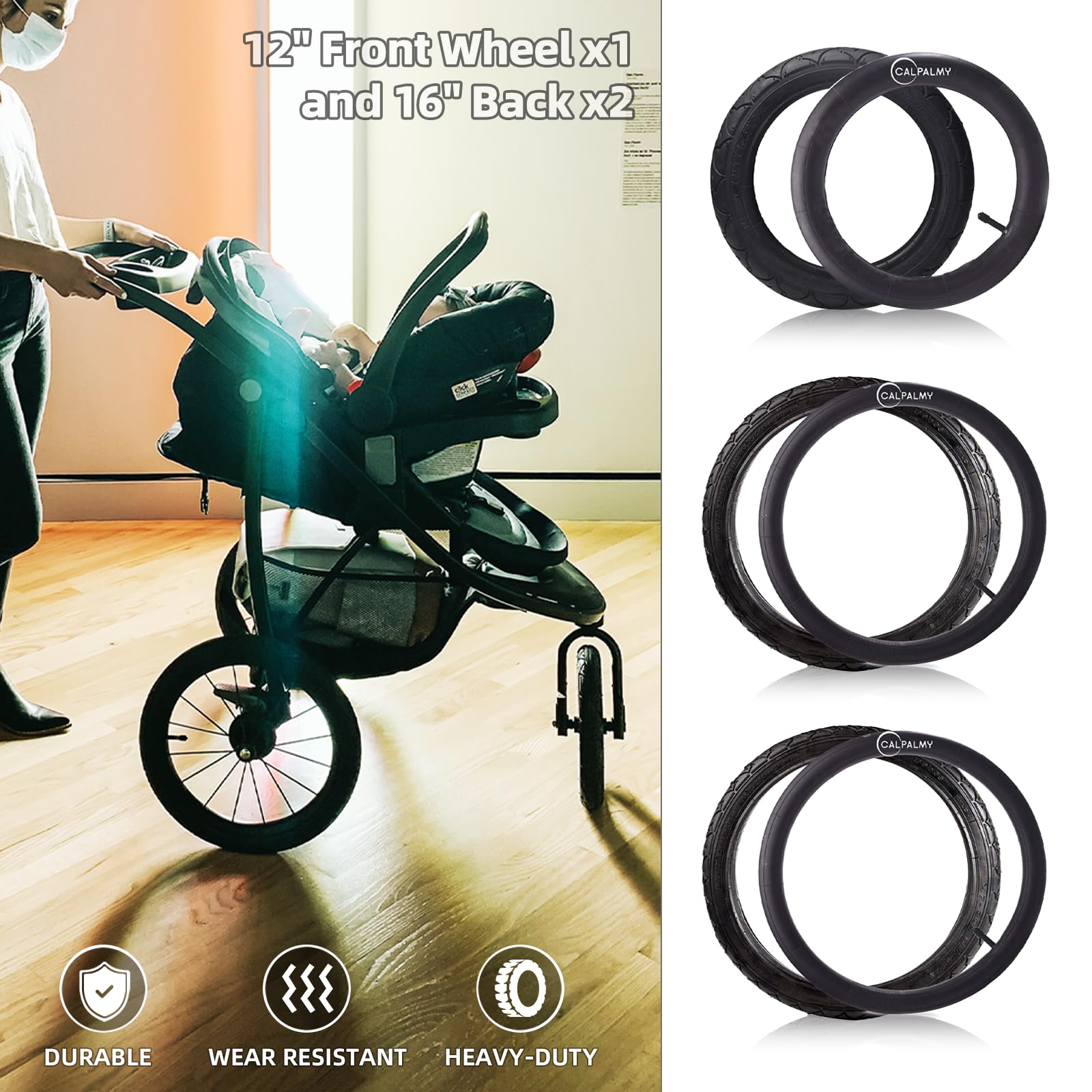 12.5'' Front and 16'' Back Wheel Replacement Tubes and Tires | Compatible with BoB Stroller Tire Tube Revolution SE/Pro/Flex/SU/Ironman - Made from BPA/Latex Free Butyl Rubber