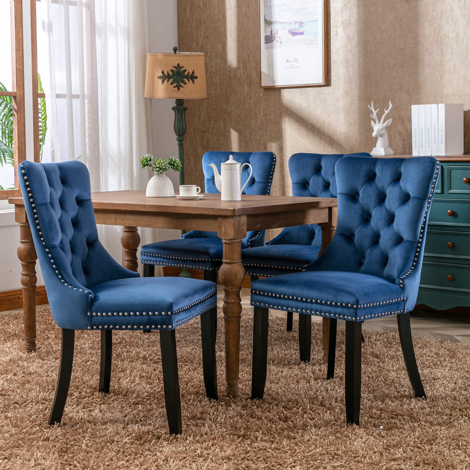 Rhomtree Set of 2 Velvet Fabric Dining Chairs Luxury Tufted Back with Nailed Trim and Back Ring Pull Home Kitchen Dining Room Chairs Armless Accent Side Chairs Solid Rubber Wood Legs, Set of 2 (Blue)