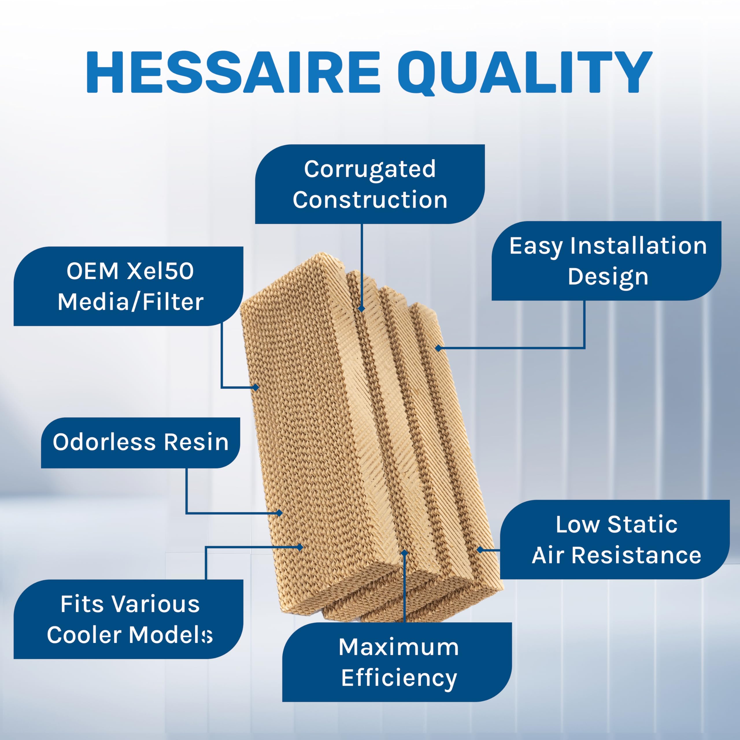 Hessaire Replacement Evaporative Cooler Pads - Swamp Cooler Replacement Pads with Corrugated Build - Low Odor Xel50 Media Evaporative Cooling Pad for 1300 CFM Mobile Cooler Fan - 1 Panel, 19” x 17”