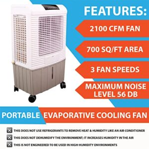 Hessaire MC26A Portable Evaporative Cooler, Humidifier, 2100 Cubic FPM, Cools 700 Sq. Ft., 2.5 GPH, White. For Garages, Shops, Patios, Pools, Workshops, Includes Remote Control for Ease of Operation