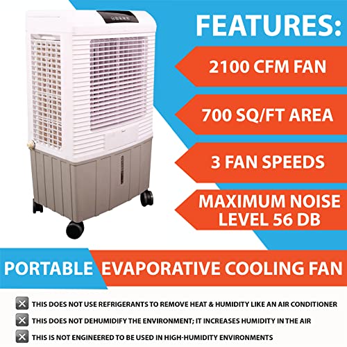 Hessaire MC26A Portable Evaporative Cooler, Humidifier, 2100 Cubic FPM, Cools 700 Sq. Ft., 2.5 GPH, White. For Garages, Shops, Patios, Pools, Workshops, Includes Remote Control for Ease of Operation