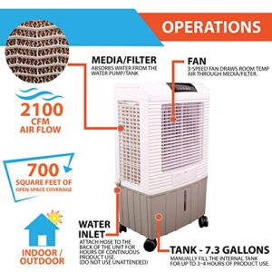 Hessaire MC26A Portable Evaporative Cooler, Humidifier, 2100 Cubic FPM, Cools 700 Sq. Ft., 2.5 GPH, White. For Garages, Shops, Patios, Pools, Workshops, Includes Remote Control for Ease of Operation