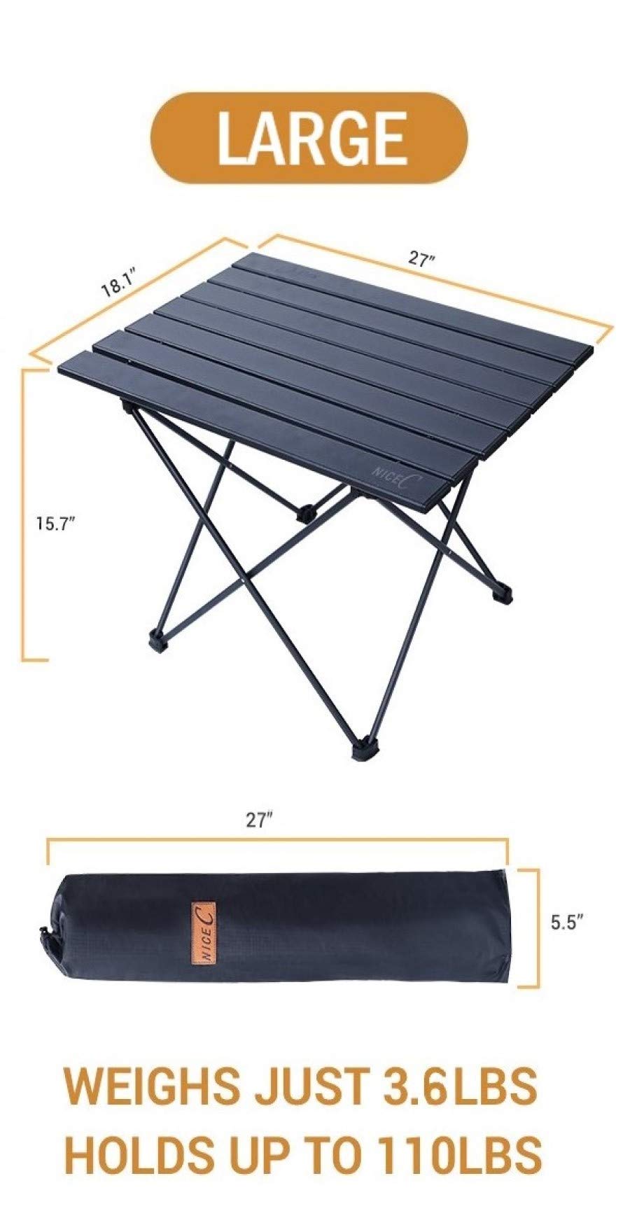 Nice C Camping Table, Camp Table, Folding Table, Beach Table, Roll up Foldable Collapsible, Aluminum Ultralight Compact with Carry Bag for Outdoor, Picnic, Cooking, Festival, Indoor, Office