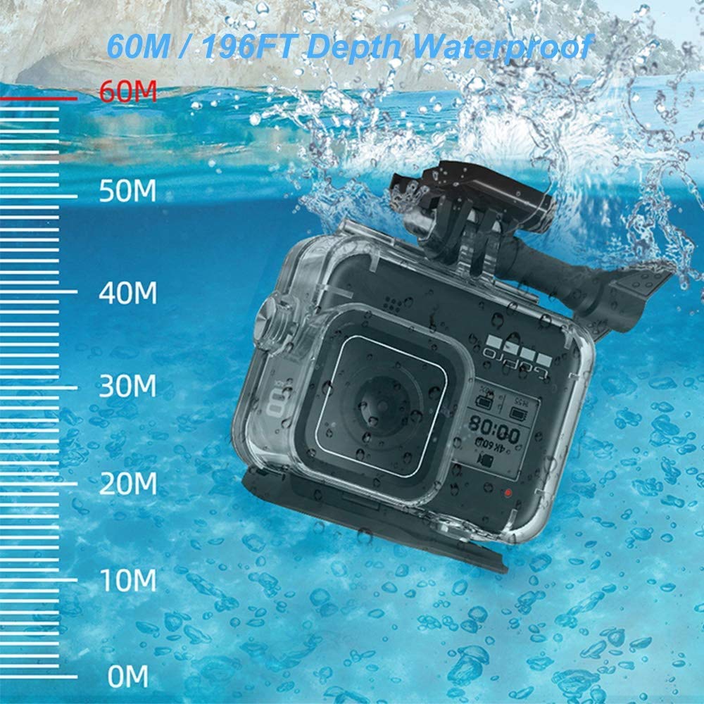 F1TP Waterproof Case Accessories for Go Pro Hero 8 Black Action Camera, 60M Waterproof Underwater Protective Shell，Accessories with Bracket, with Quick Release Mount and Thumbscrew