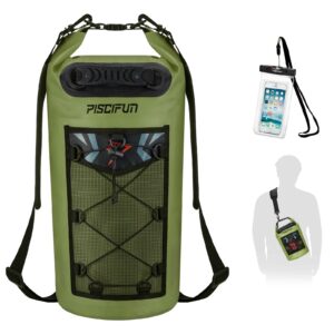 piscifun dry bag, waterproof floating backpack with waterproof phone case for kayking, boating, kayaking, surfing, rafting and fishing, army green 5l