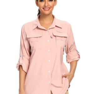 Women's Quick Dry UPF 50+ Sun Protection Long Sleeve Shirt Hiking Fishing Shirts,Pink,M