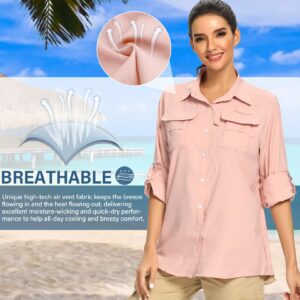 Women's Quick Dry UPF 50+ Sun Protection Long Sleeve Shirt Hiking Fishing Shirts,Pink,M