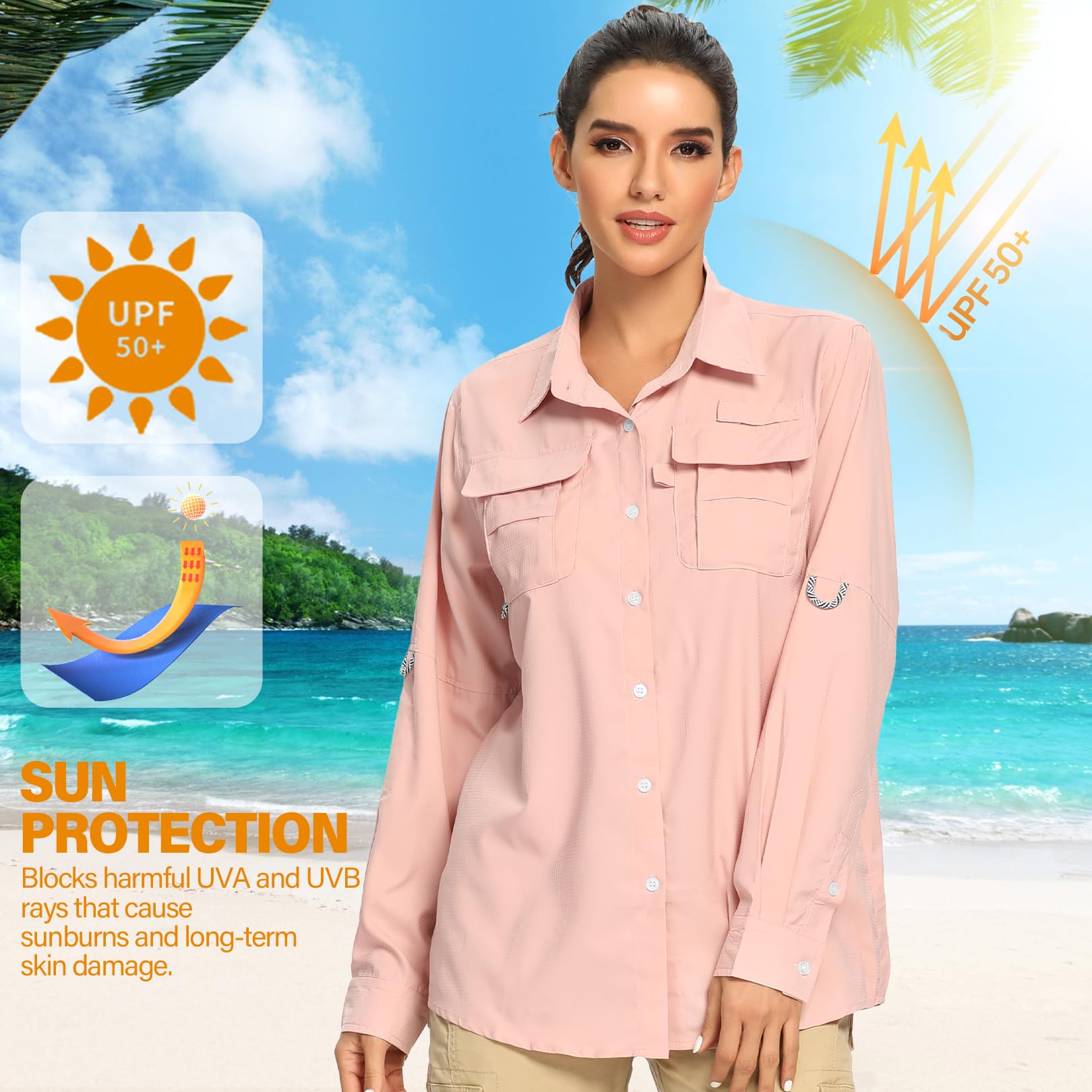 Women's Quick Dry UPF 50+ Sun Protection Long Sleeve Shirt Hiking Fishing Shirts,Pink,M