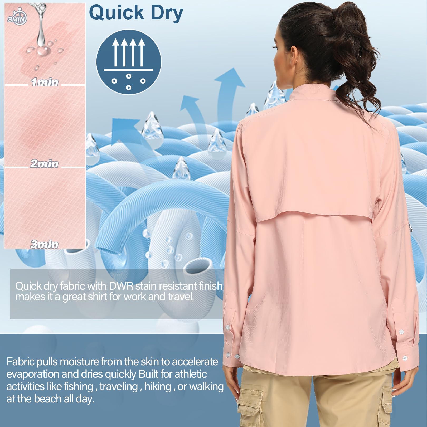 Women's Quick Dry UPF 50+ Sun Protection Long Sleeve Shirt Hiking Fishing Shirts,Pink,M