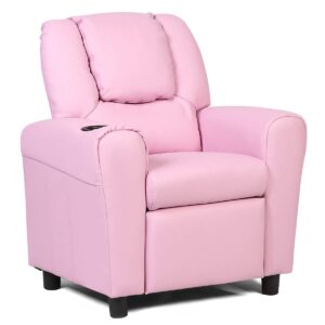 honey joy kids recliner, 2-in-1 toddler armrest sofa couch with cup holders, adjustable footrest, pu leather, child-size recliner chair for boys girls age 3+ (pink)