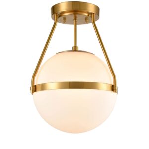 holkirt mid century modern globe semi flush mount ceiling light fixture,white opal with brass finish,living/dinning room