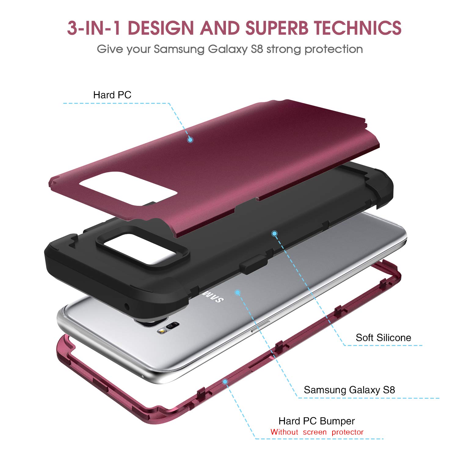 BENTOBEN Case for Galaxy S8 5.8", Heavy Duty Full Body Rugged Shockproof Hybrid Three Layer Hard Plastic Soft Rubber Bumper Protective Phone Cases Cover for Samsung Galaxy S8 5.8", Wine Red/Burgundy