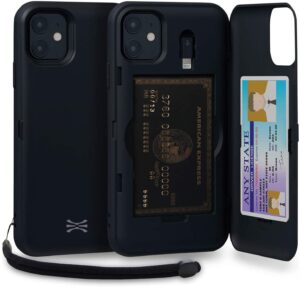 toru cx pro case for iphone 11, with card holder | slim protective cover with hidden credit cards wallet flip slot compartment kickstand | include mirror, wrist strap, lightning adapter - black