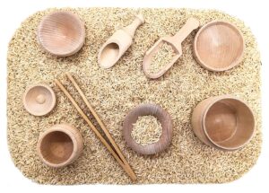 simplytoplay sensory bin tools, montessori toys for toddlers, waldorf toys, wooden scoops and tongs for transfer work and fine motor learning