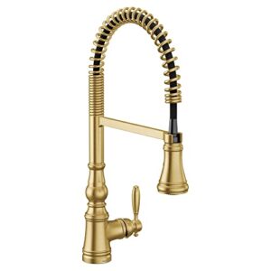 moen weymouthbrushed gold one handle pre-rinse spring farmhouse pulldown kitchen faucet with power boost for a faster clean, s73104bg