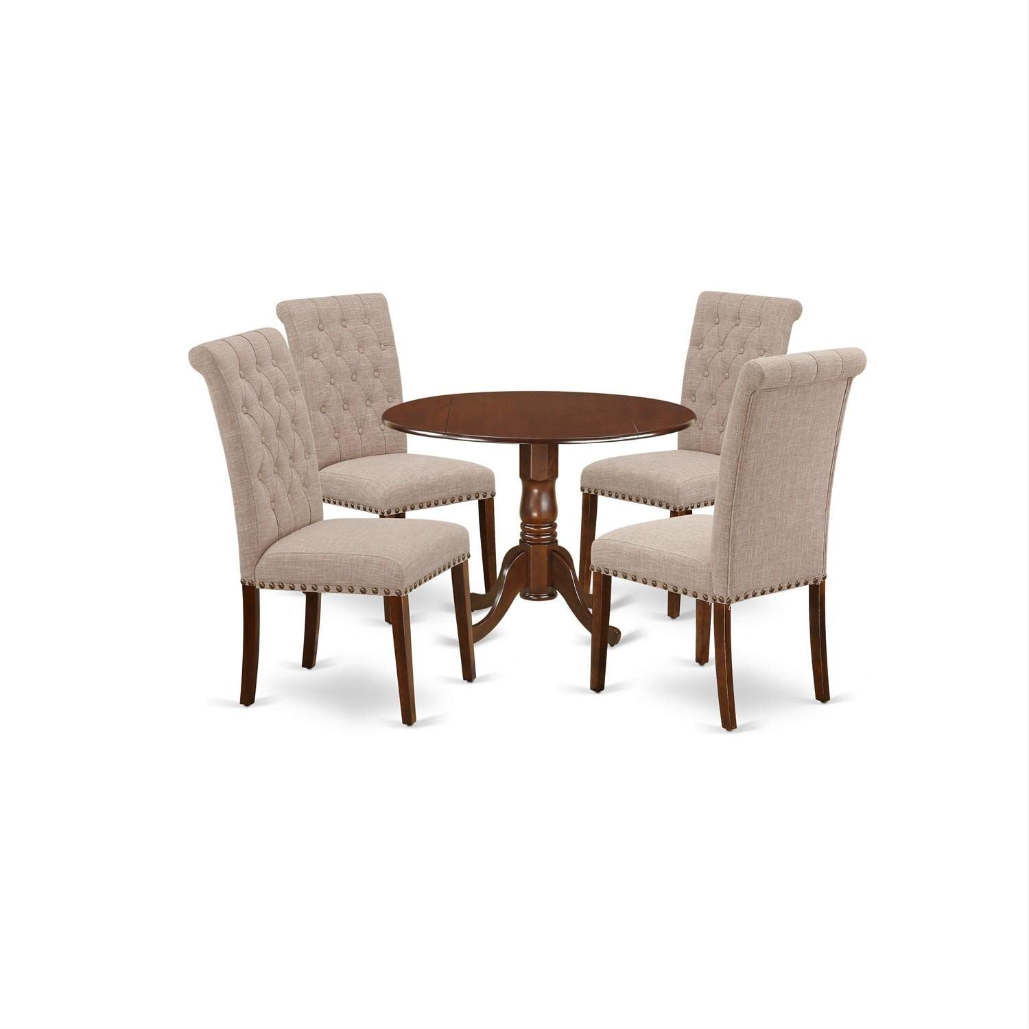 East West Furniture DLBR5-MAH-04 Dublin 5 Piece Room Furniture Set Includes a Round Dining Table with Dropleaf and 4 Light Tan Linen Fabric Upholstered Chairs, 42x42 Inch, Mahogany