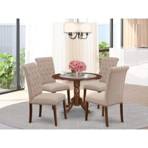 East West Furniture DLBR5-MAH-04 Dublin 5 Piece Room Furniture Set Includes a Round Dining Table with Dropleaf and 4 Light Tan Linen Fabric Upholstered Chairs, 42x42 Inch, Mahogany