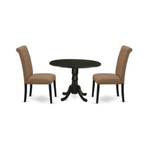 east west furniture dlbr3-blk-17 3 piece dining room furniture set contains a round dining table with dropleaf and 2 light sable linen fabric upholstered chairs, 42x42 inch, black