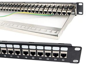 detroit packing co. 24 port cat6a rj45 through coupler patch panel with back bar, wallmount or rackmount, compatible with cat5, cat5e, cat6, cat6a, utp stp cabling (cat6a shielded, 24-port)