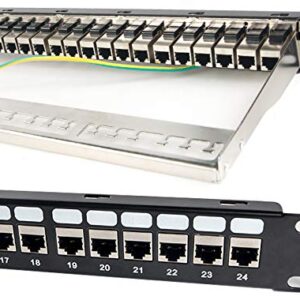 Detroit Packing Co. 24 Port CAT6A RJ45 Through Coupler Patch Panel with Back Bar, Wallmount or Rackmount, Compatible with Cat5, Cat5e, Cat6, Cat6A, UTP STP Cabling (CAT6a Shielded, 24-Port)