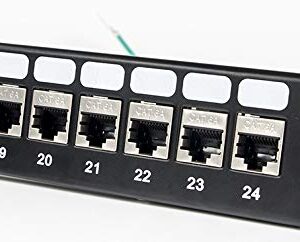 Detroit Packing Co. 24 Port CAT6A RJ45 Through Coupler Patch Panel with Back Bar, Wallmount or Rackmount, Compatible with Cat5, Cat5e, Cat6, Cat6A, UTP STP Cabling (CAT6a Shielded, 24-Port)