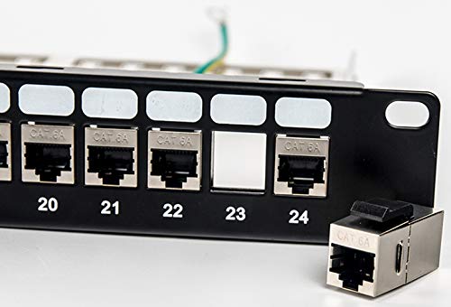 Detroit Packing Co. 24 Port CAT6A RJ45 Through Coupler Patch Panel with Back Bar, Wallmount or Rackmount, Compatible with Cat5, Cat5e, Cat6, Cat6A, UTP STP Cabling (CAT6a Shielded, 24-Port)