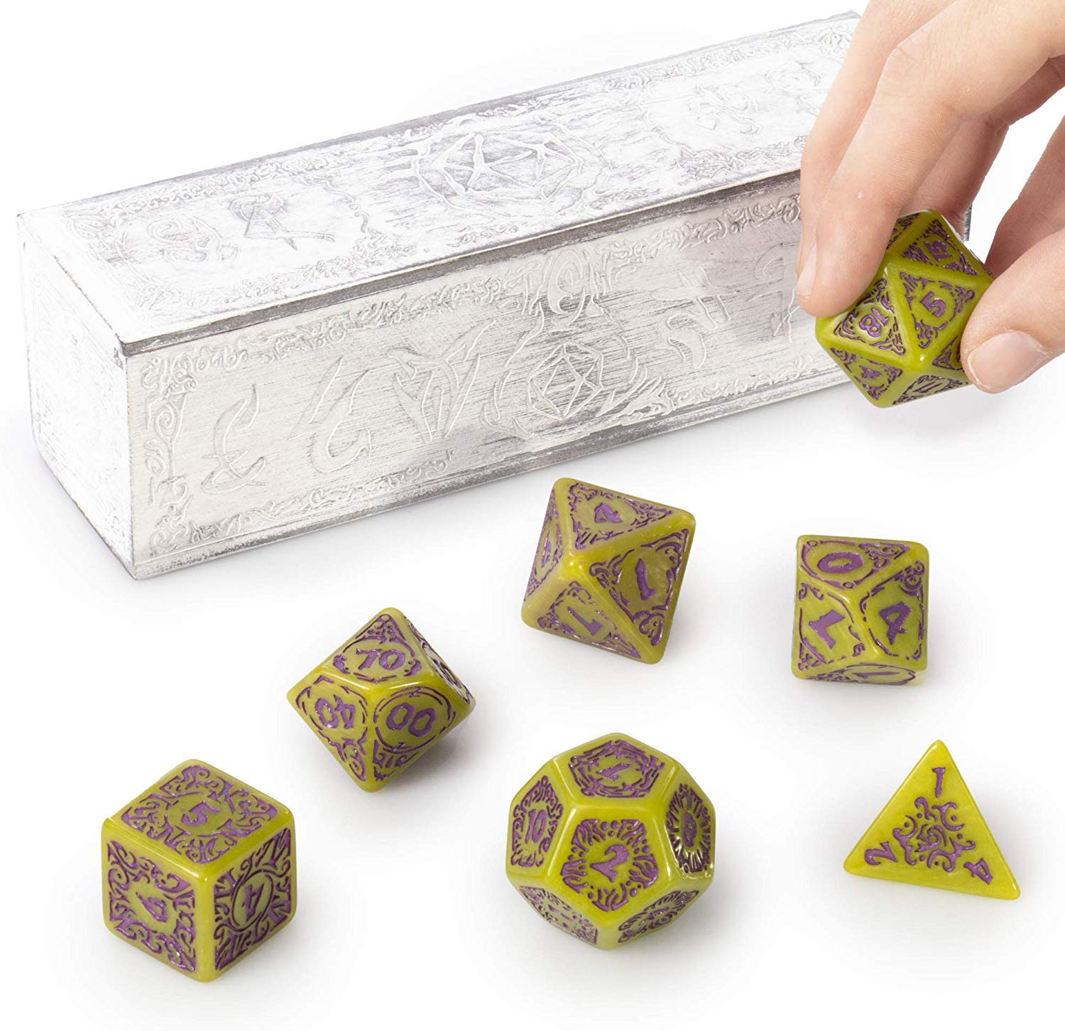 Wiz Dice Titan 25mm Dice - Large Polyhedral Dice Set for Various Role Playing Dice Games - Achlys 7 Cnt -DND Dice Set with a Wooden Dice Box - Includes D4, D6, D8, D10, D10(0), D12 & D20