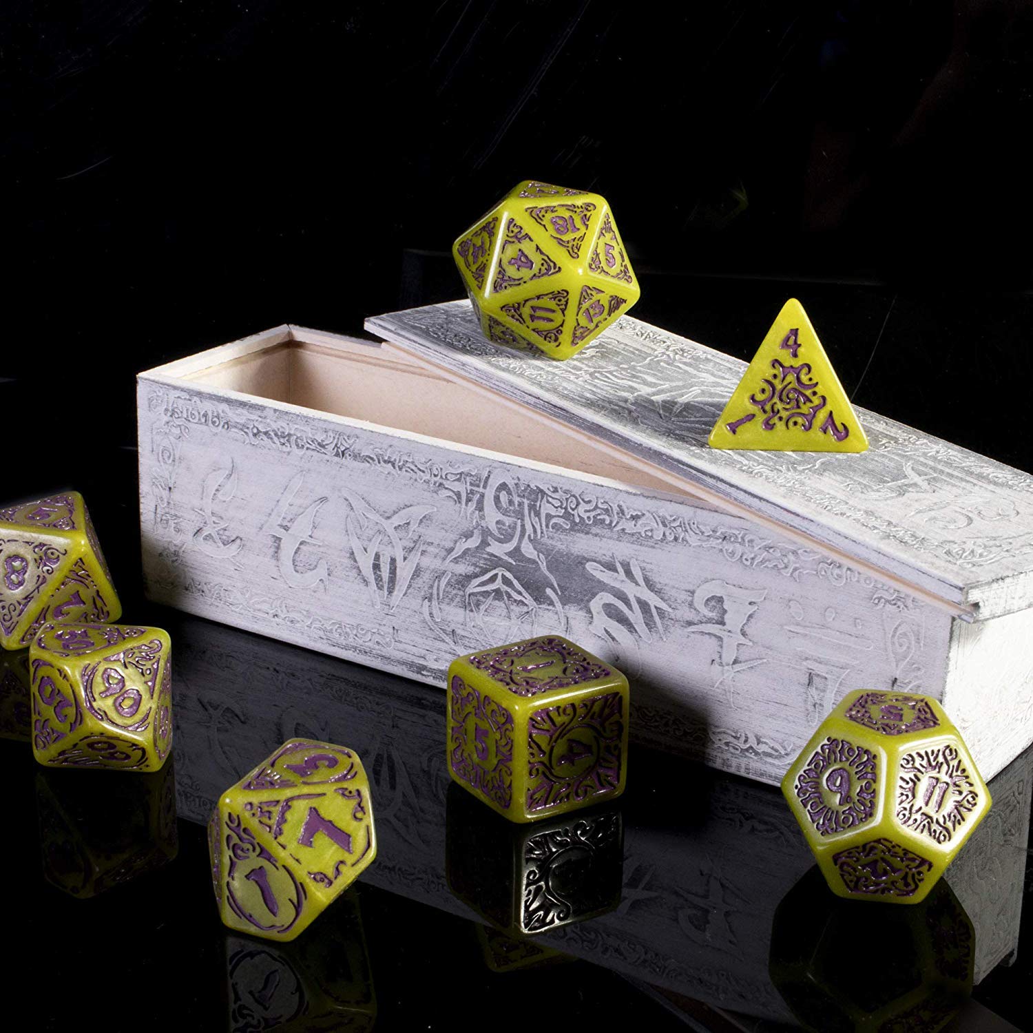 Wiz Dice Titan 25mm Dice - Large Polyhedral Dice Set for Various Role Playing Dice Games - Achlys 7 Cnt -DND Dice Set with a Wooden Dice Box - Includes D4, D6, D8, D10, D10(0), D12 & D20