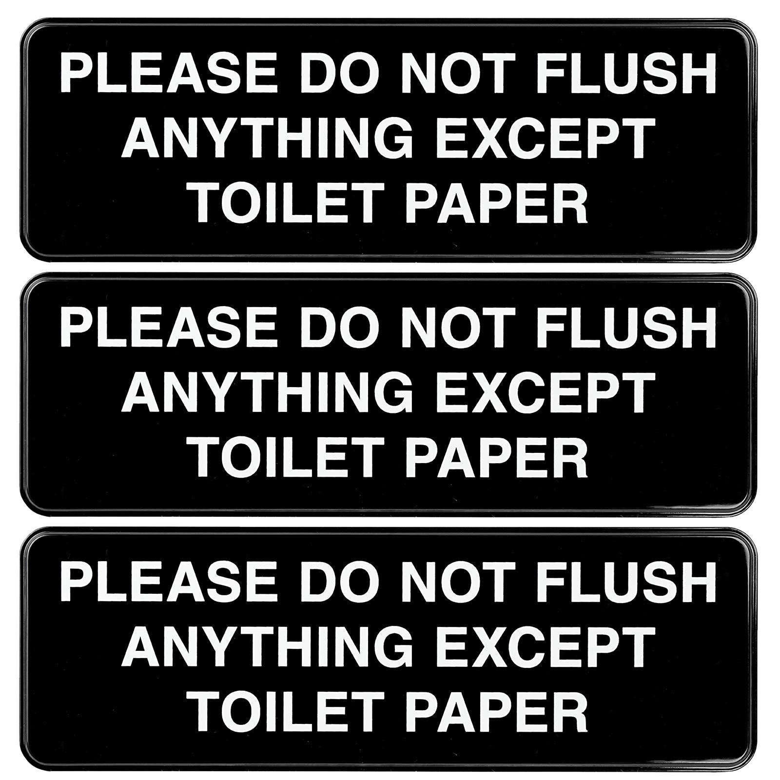 Excello Global Products Please Do Not Flush Anything Except Toilet Paper Sign: Easy to Mount Informative Plastic Sign with Symbols 9"x3", Pack of 3 (Black)