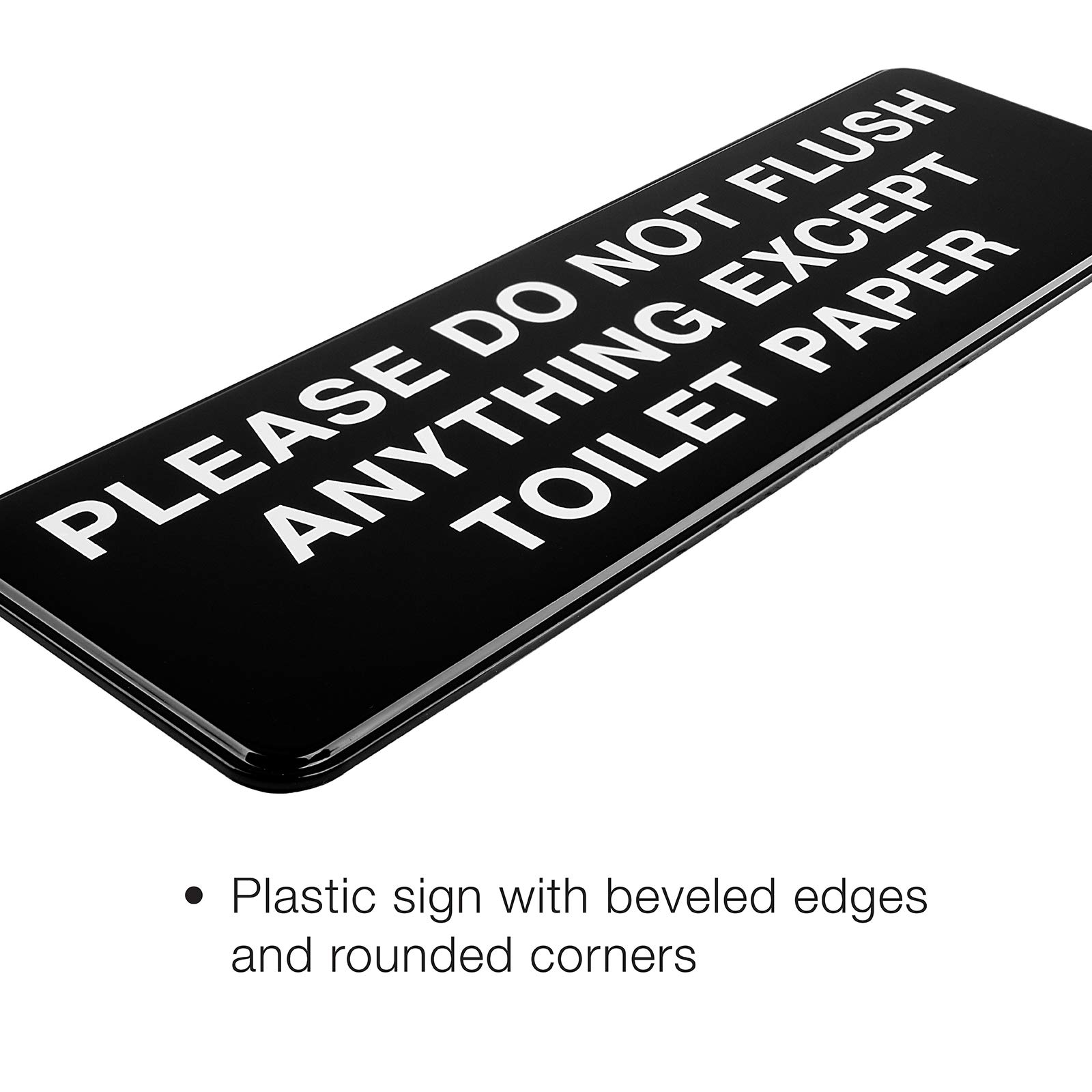 Excello Global Products Please Do Not Flush Anything Except Toilet Paper Sign: Easy to Mount Informative Plastic Sign with Symbols 9"x3", Pack of 3 (Black)