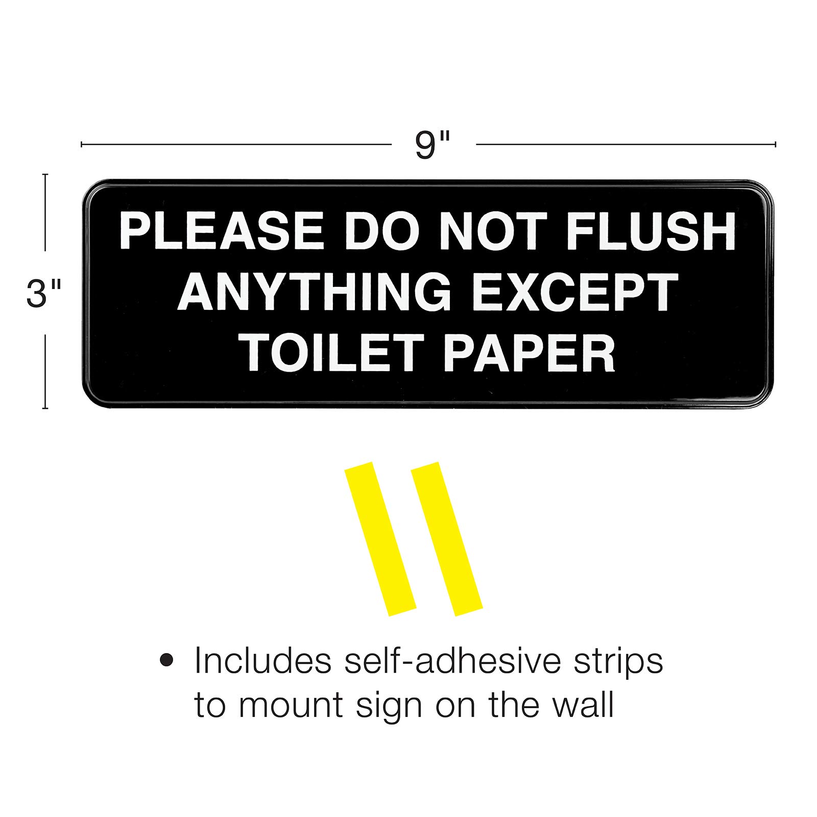 Excello Global Products Please Do Not Flush Anything Except Toilet Paper Sign: Easy to Mount Informative Plastic Sign with Symbols 9"x3", Pack of 3 (Black)