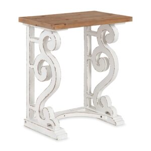 kate and laurel wyldwood rustic french solid wood side table, 24" x 14" x 12.75", white and rustic brown, chic farmhouse inspiration, natural wood top