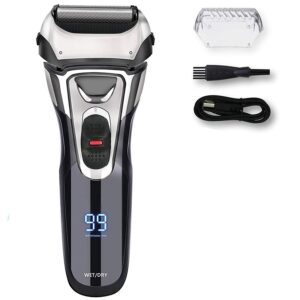 electric razor for men,ipx7 waterproof men's electric shaver, awecot rechargeable foil shaver trimmer with 3d floating blades,trimmer and led display,wet & dry use for beard shaving