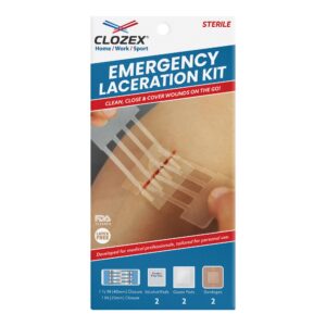 clozex complete emergency laceration kit - repair wounds without stitches. fda cleared skin clean cover closure device for 2 individual or combine for 2 1/2 in. length