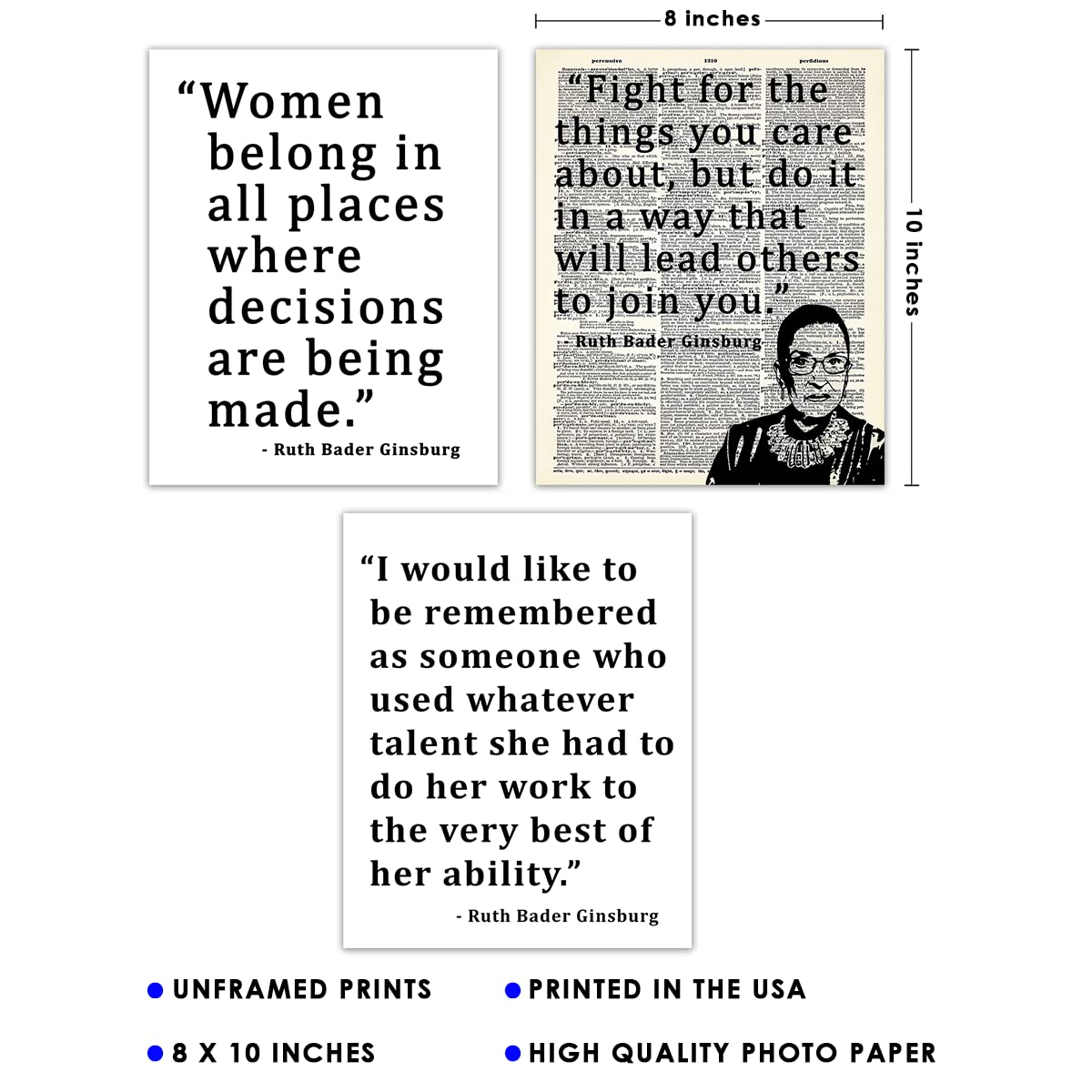 Inspirational Ruth Bader Ginsburg Wall Art - Set of 3, White, 8x10 RBG Poster, RBG Wall Art & Motivational Wall Art, Positive Affirmations Wall Decor for Bedroom & Office Decor for Men & Women